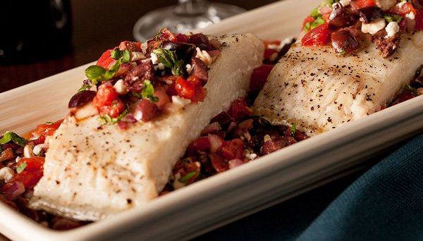 Roasted Halibut with Greek Relish - Red Gold Tomatoes