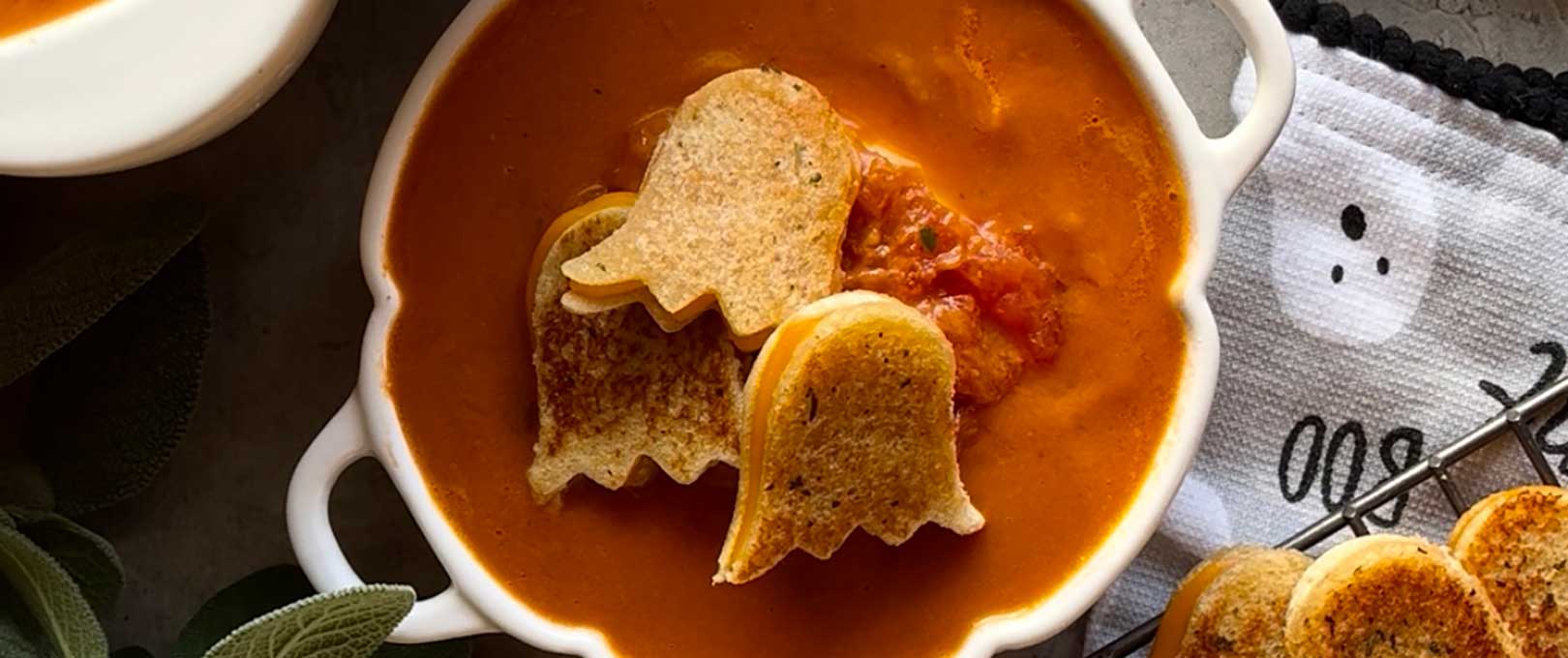 Roasted Vegetable Tomato Soup with Ghost Grilled Cheese Croutons | Red ...